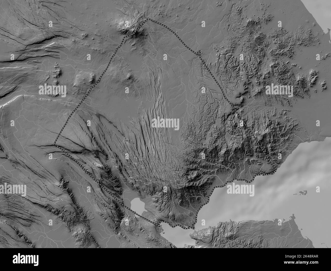 Tadjourah, region of Djibouti. Bilevel elevation map with lakes and ...