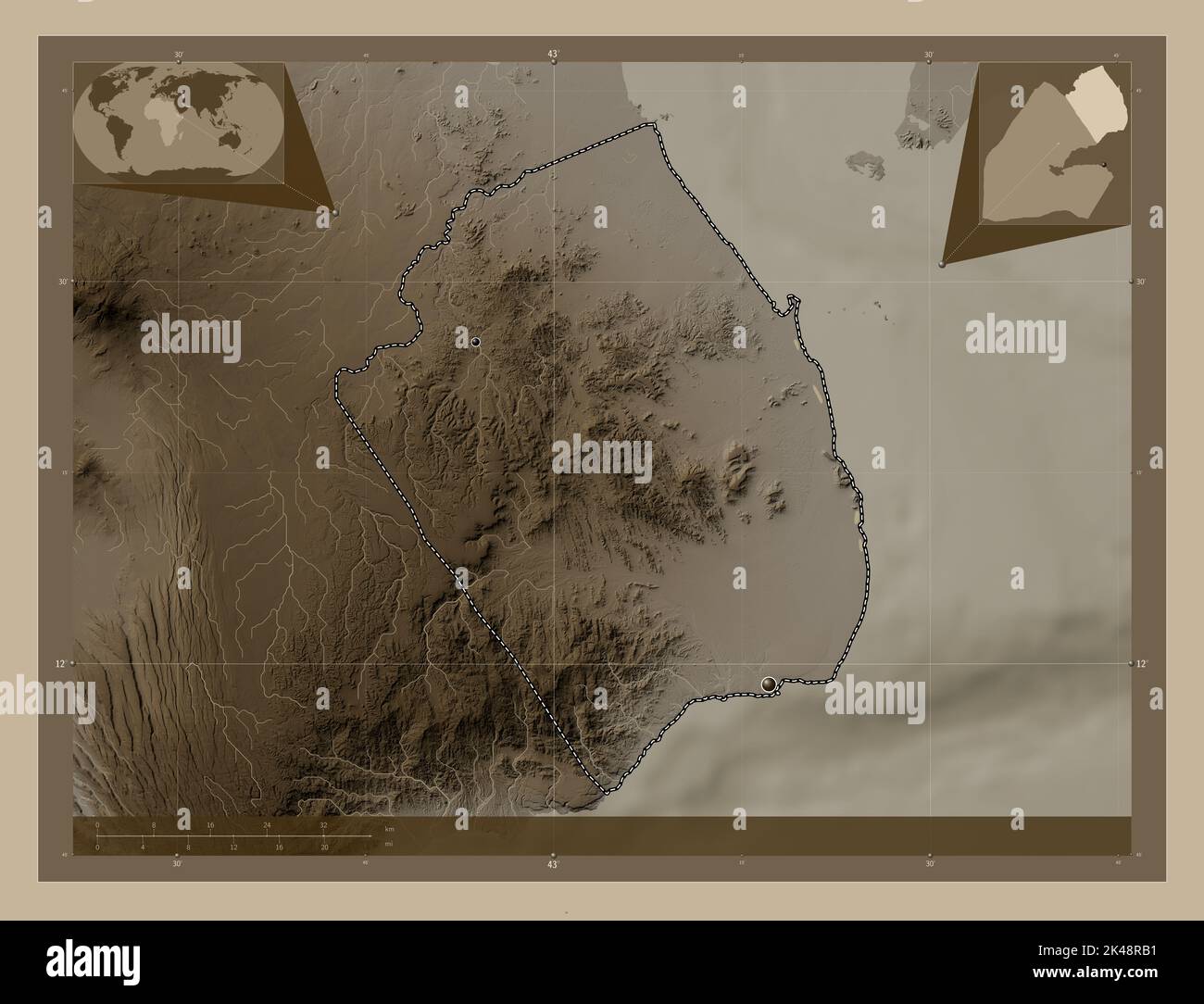 Obock, region of Djibouti. Elevation map colored in sepia tones with ...
