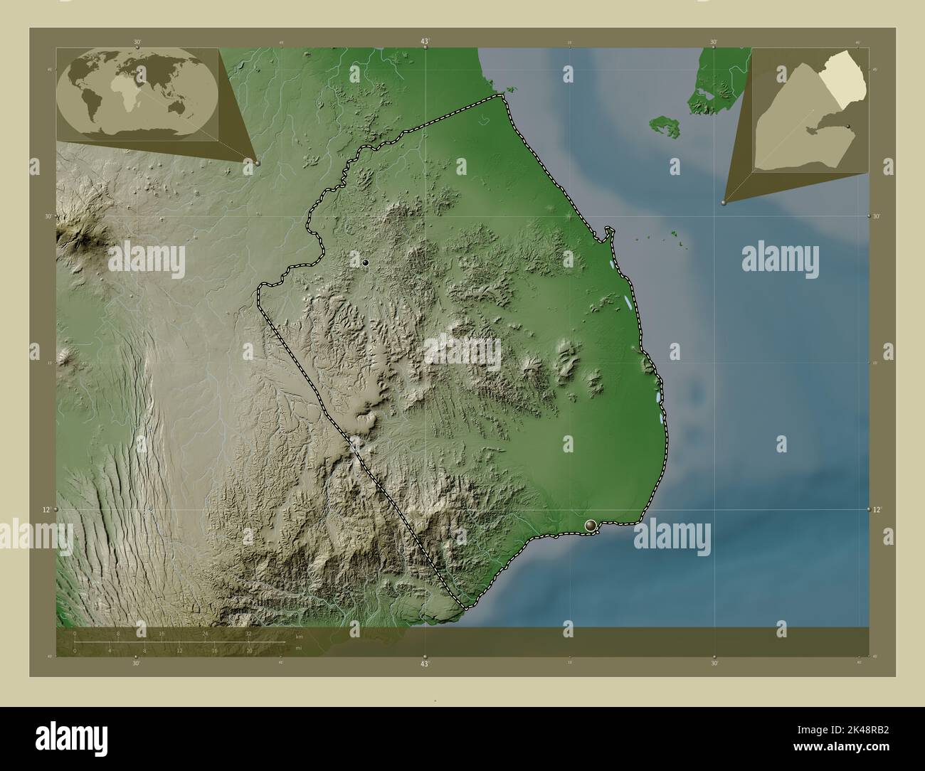Obock, region of Djibouti. Elevation map colored in wiki style with ...