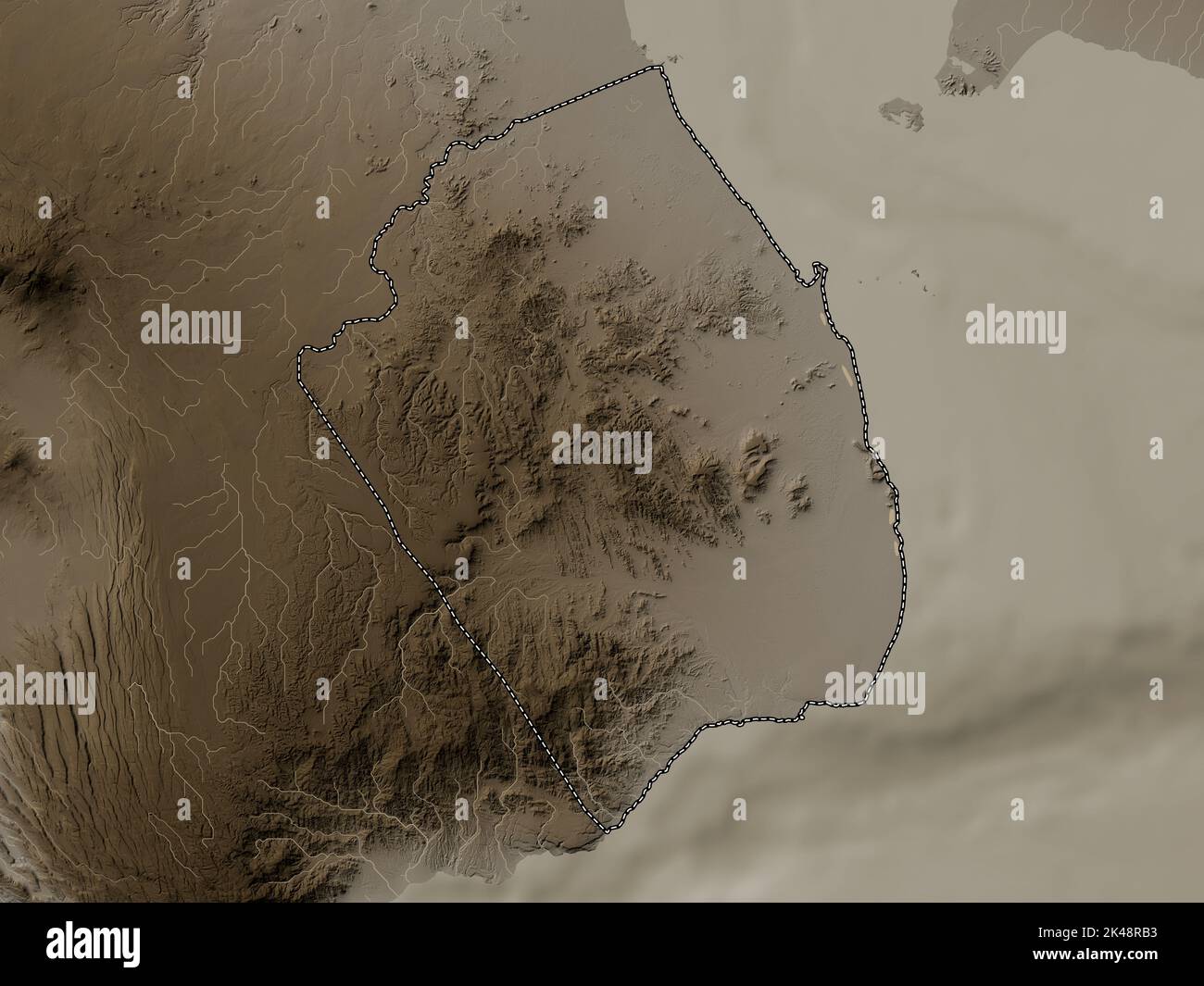Obock, region of Djibouti. Elevation map colored in sepia tones with ...