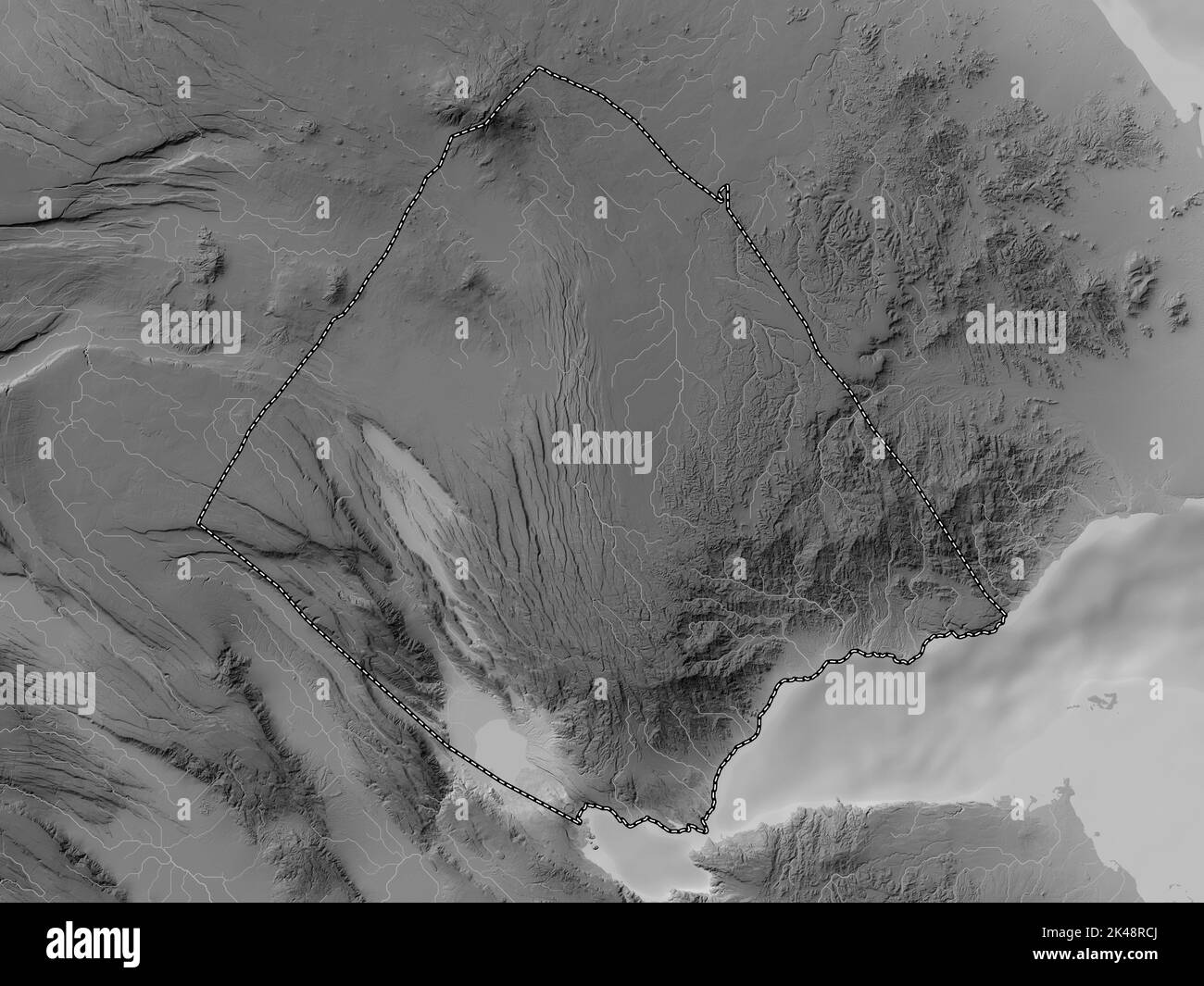 Tadjourah, region of Djibouti. Grayscale elevation map with lakes and ...