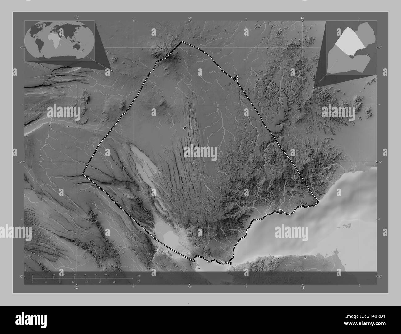 Tadjourah, region of Djibouti. Grayscale elevation map with lakes and ...