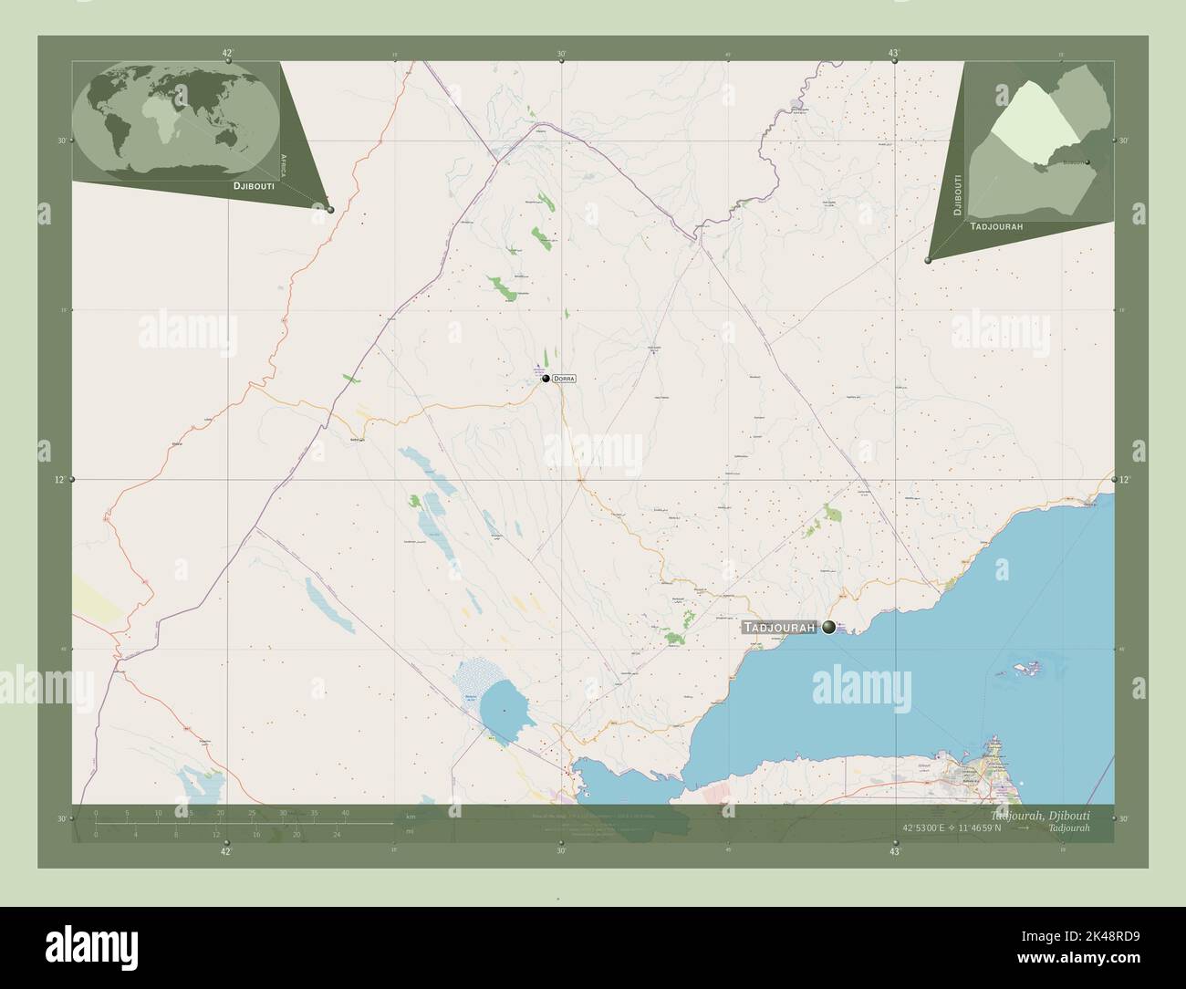 Tadjourah, region of Djibouti. Open Street Map. Locations and names of ...
