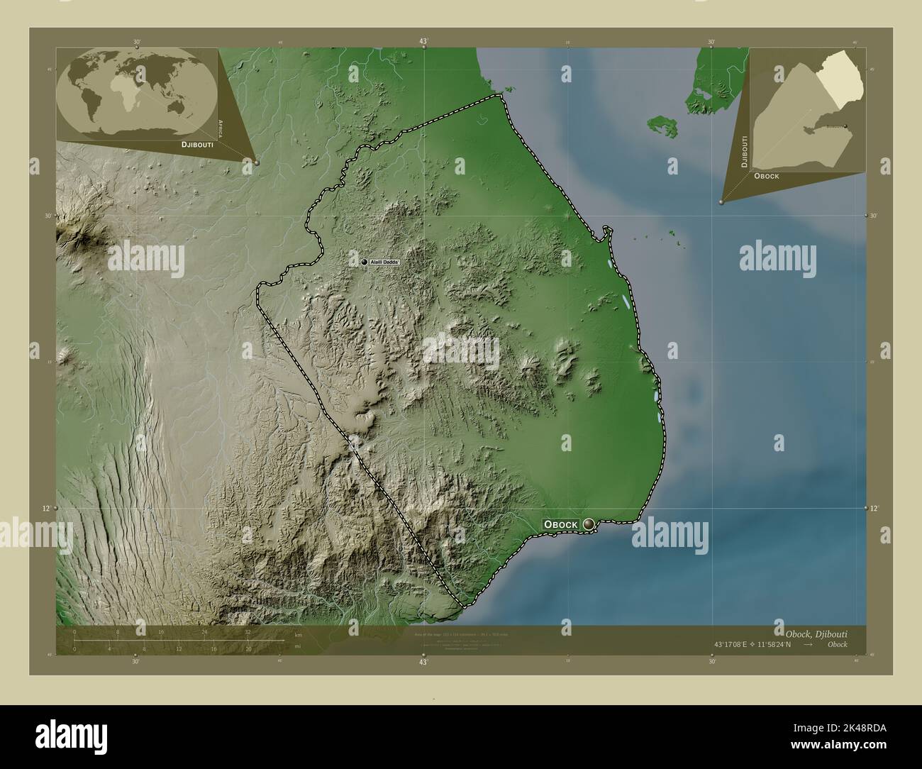 Obock, region of Djibouti. Elevation map colored in wiki style with ...