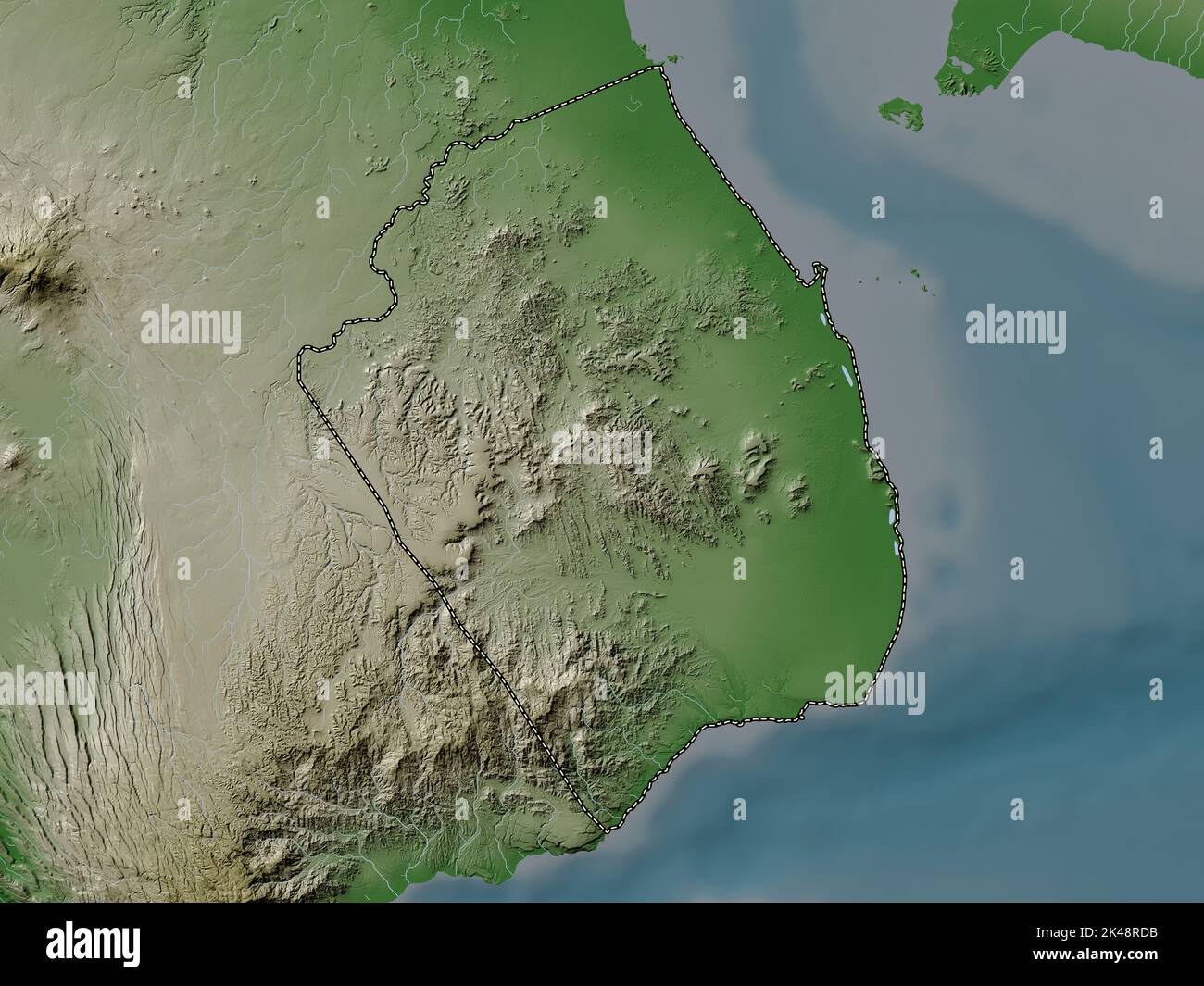Obock, region of Djibouti. Elevation map colored in wiki style with ...