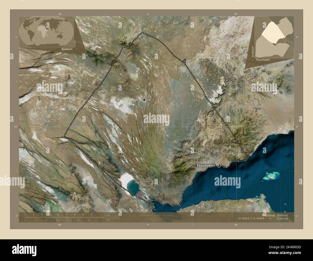 Tadjourah, region of Djibouti. High resolution satellite map. Locations ...