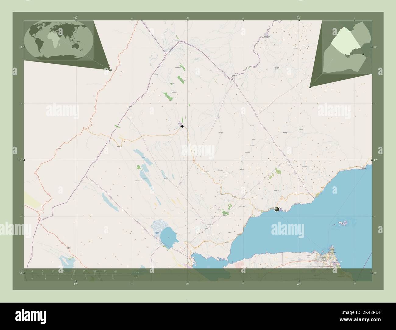 Tadjourah, region of Djibouti. Open Street Map. Locations of major ...