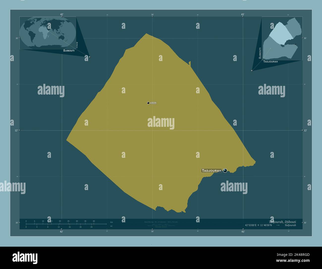 Tadjourah, region of Djibouti. Solid color shape. Locations and names ...