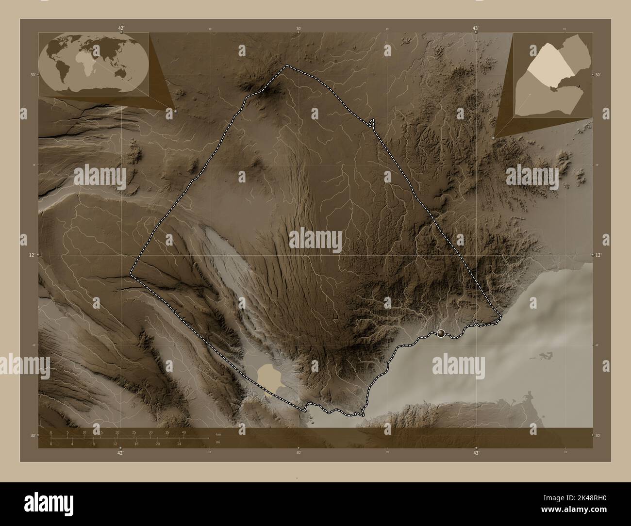 Tadjourah, region of Djibouti. Elevation map colored in sepia tones ...