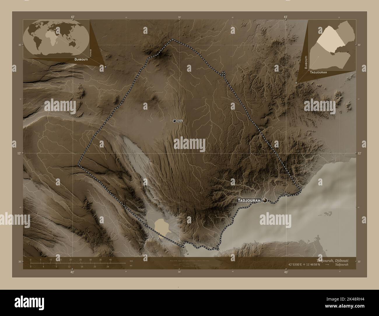Tadjourah, region of Djibouti. Elevation map colored in sepia tones ...