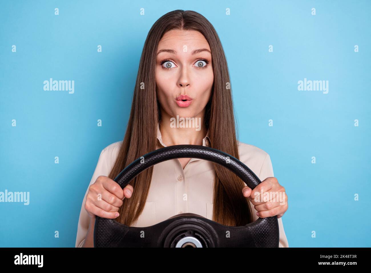 Photo of terrified pretty lady new car owner has test drive transport ...