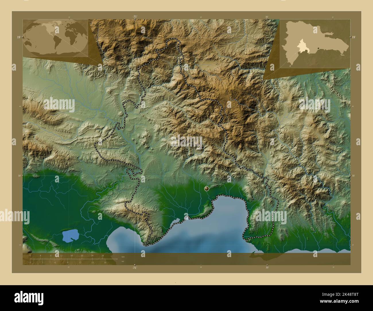 Azua, province of Dominican Republic. Colored elevation map with lakes ...