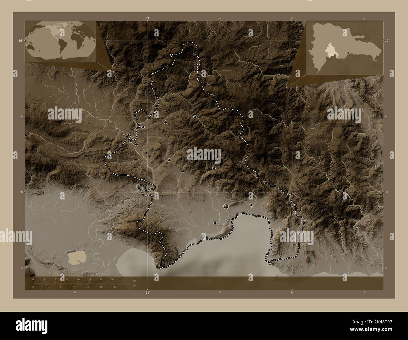 Azua, province of Dominican Republic. Elevation map colored in sepia ...