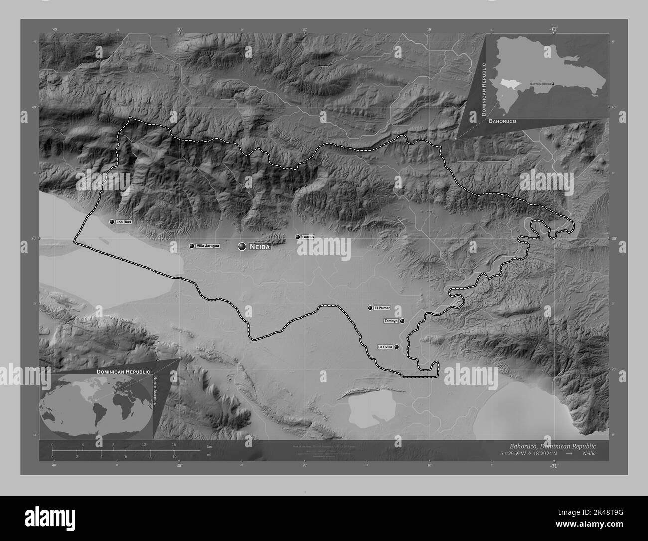Bahoruco, province of Dominican Republic. Grayscale elevation map with ...