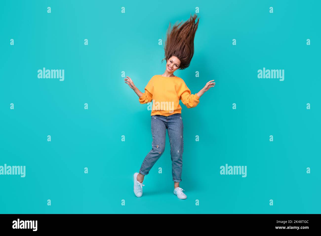 Full body length photo of young adorable pretty lady wear orange shirt ...