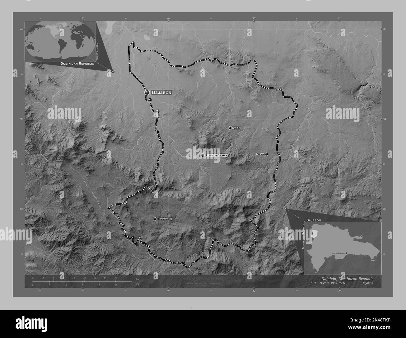 Dajabon, province of Dominican Republic. Grayscale elevation map with ...
