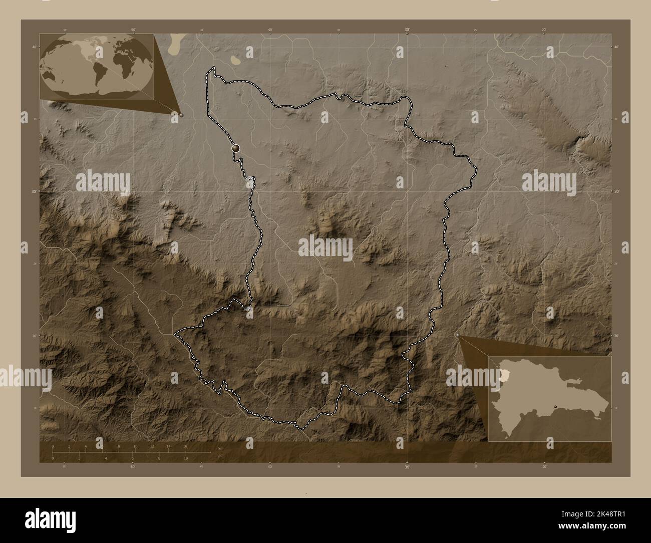 Dajabon, province of Dominican Republic. Elevation map colored in sepia ...