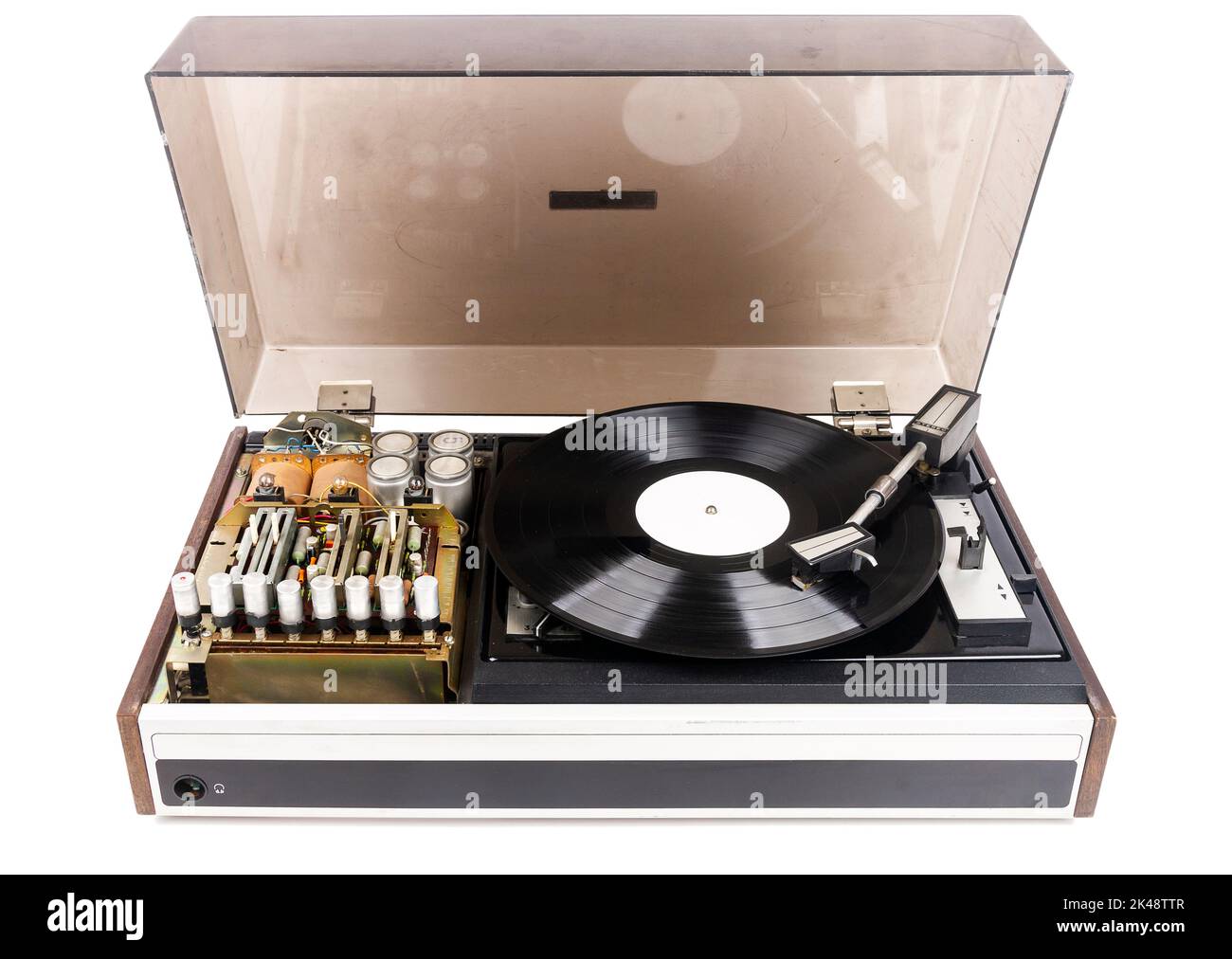 Vintage turntable record player with black vinyl isolated on white ...