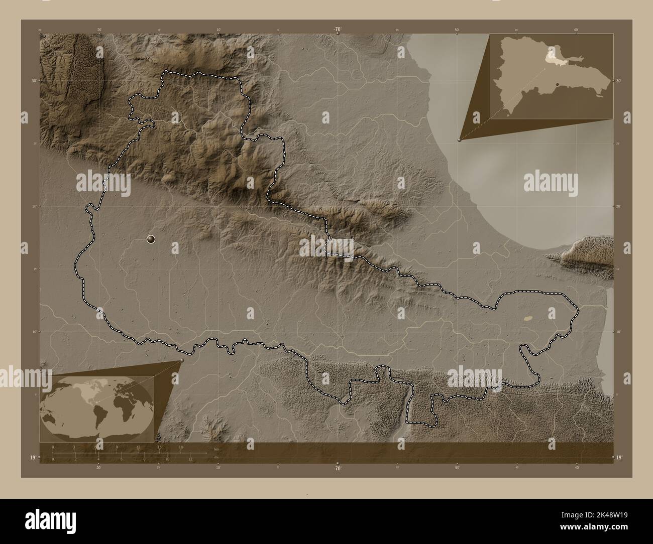 Duarte, province of Dominican Republic. Elevation map colored in sepia ...