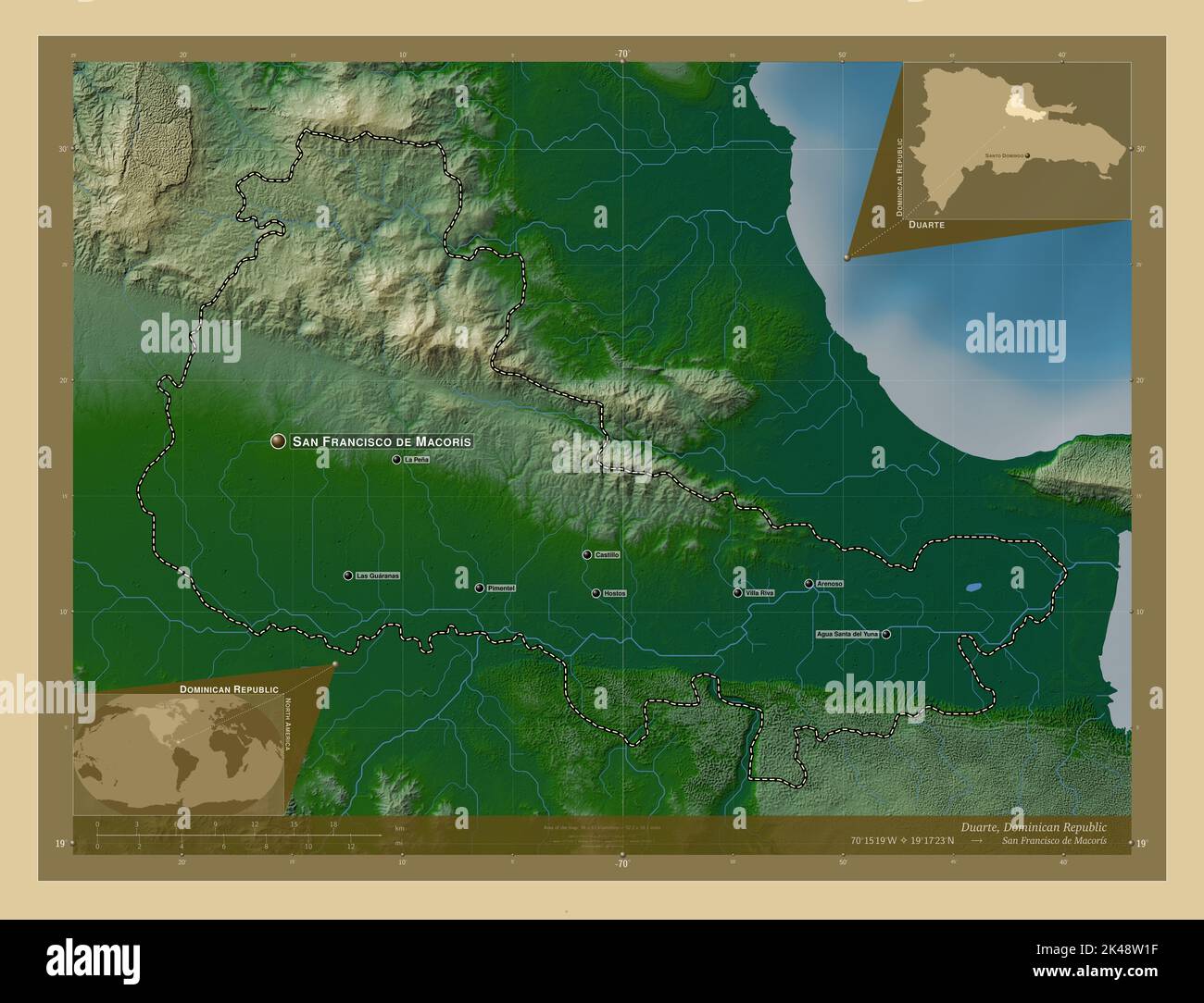 Duarte, province of Dominican Republic. Colored elevation map with ...