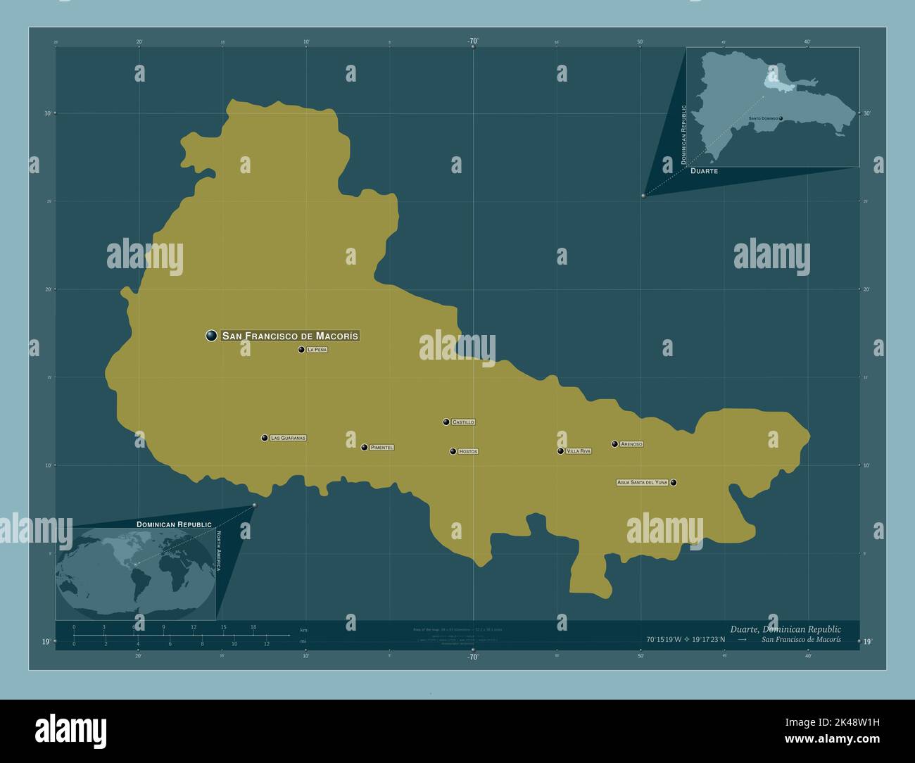 Duarte, province of Dominican Republic. Solid color shape. Locations ...