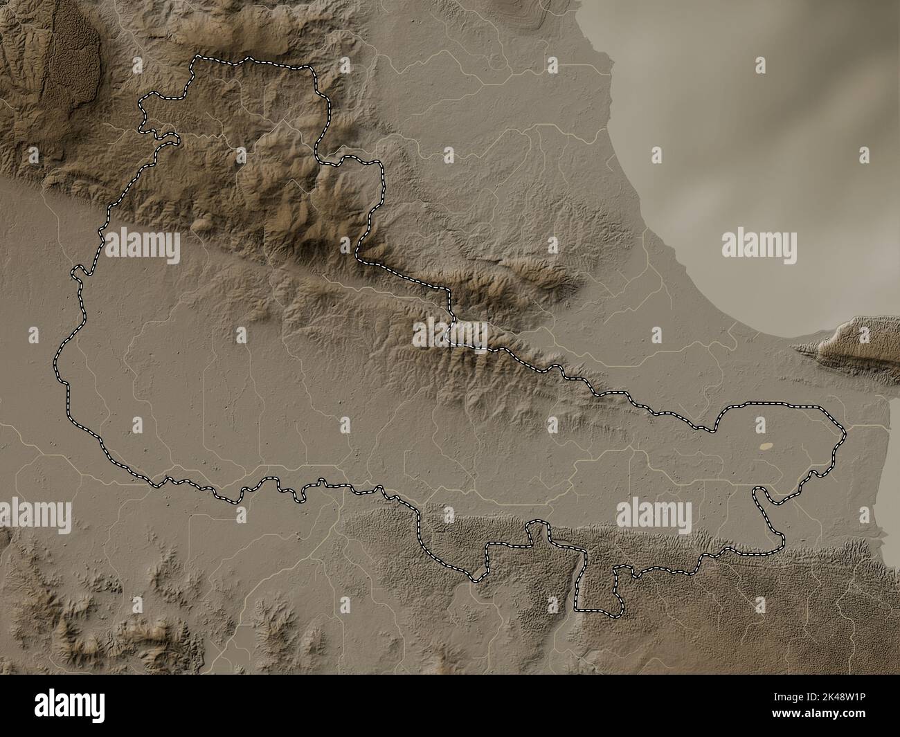 Duarte, province of Dominican Republic. Elevation map colored in sepia ...