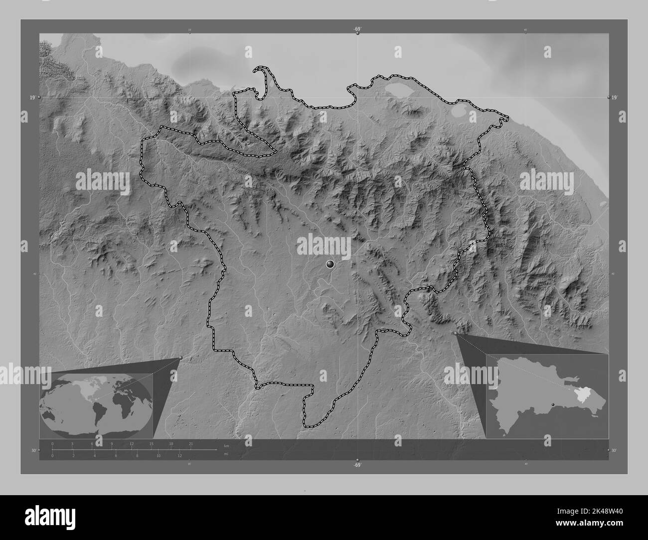 El Seybo, province of Dominican Republic. Grayscale elevation map with lakes and rivers. Corner ...