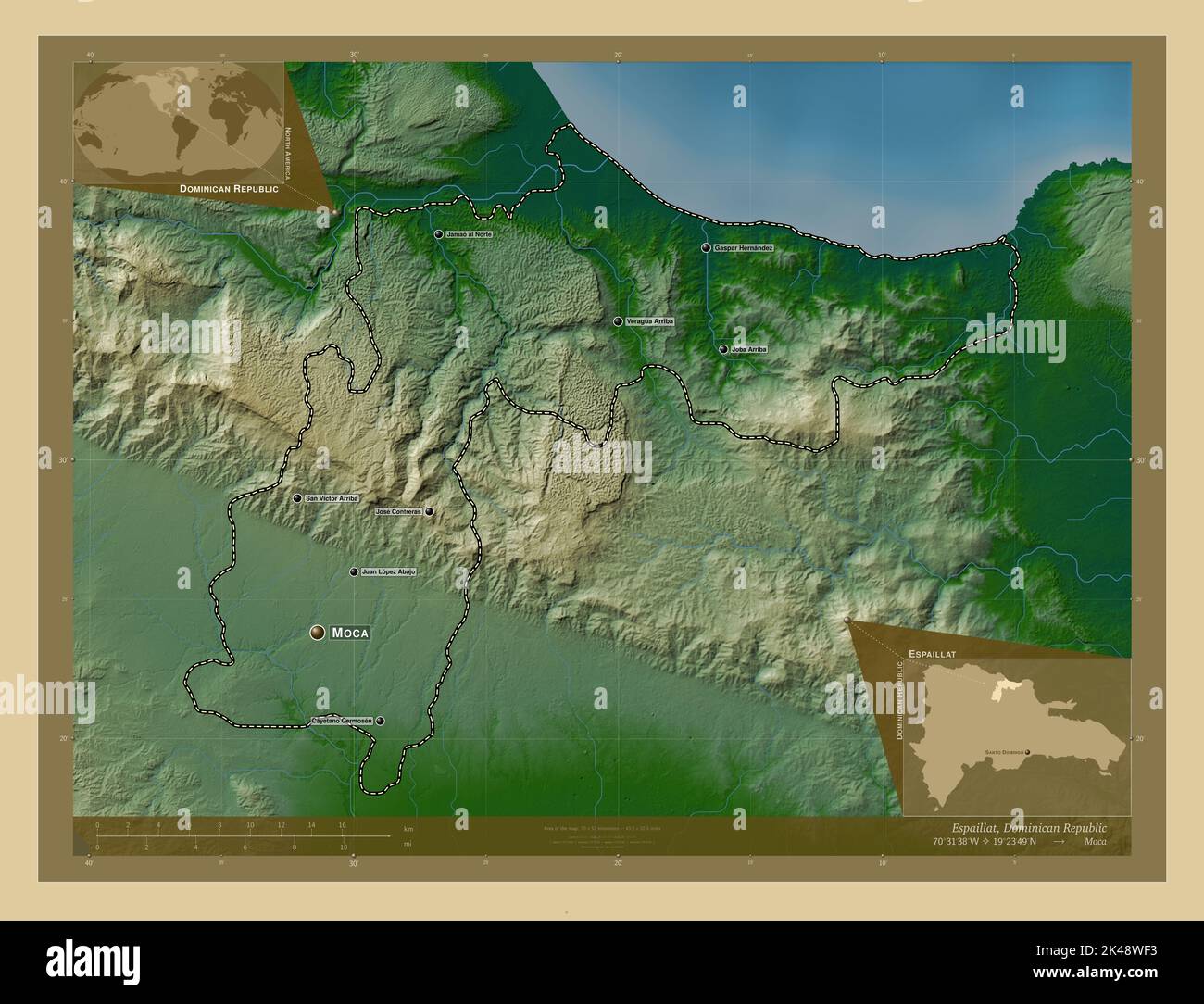 Espaillat, province of Dominican Republic. Colored elevation map with ...