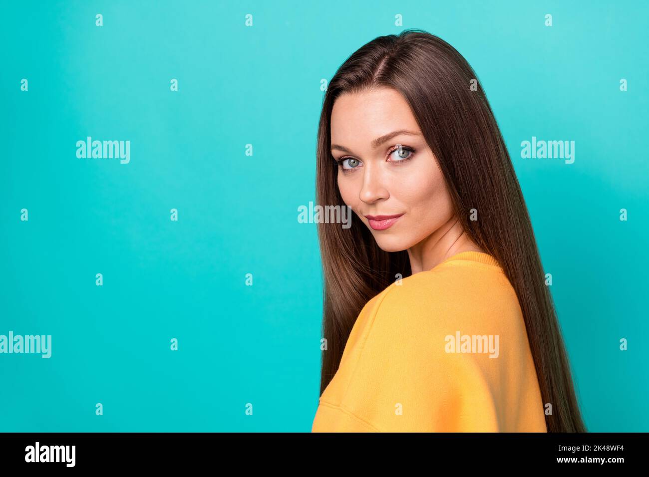 Side profile photo of young attractive cute nice woman look you ...