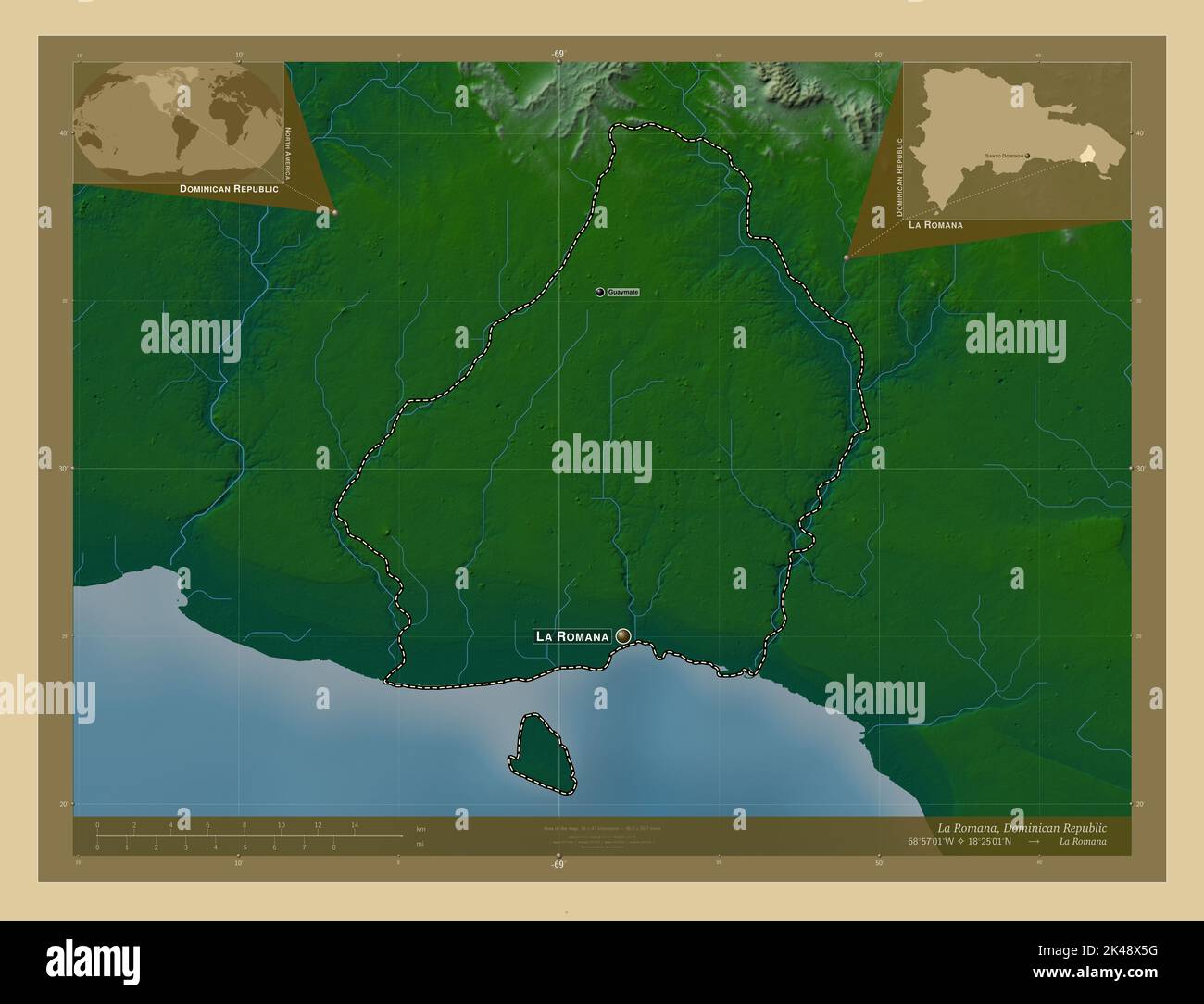 La Romana, province of Dominican Republic. Colored elevation map with ...