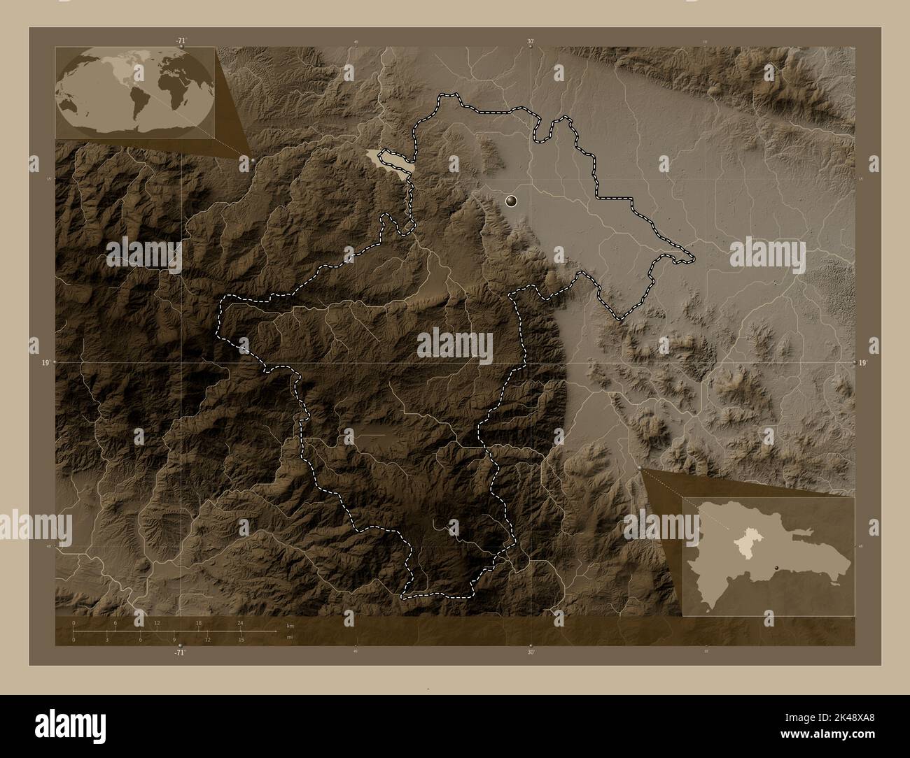 La Vega, province of Dominican Republic. Elevation map colored in sepia ...