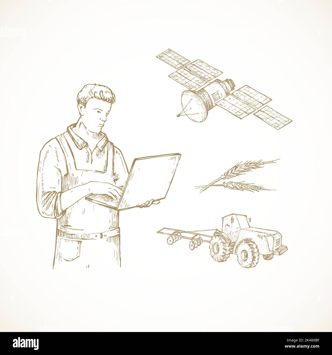 Hand Drawn Precision Agriculture Vector Illustration. Farmer with ...