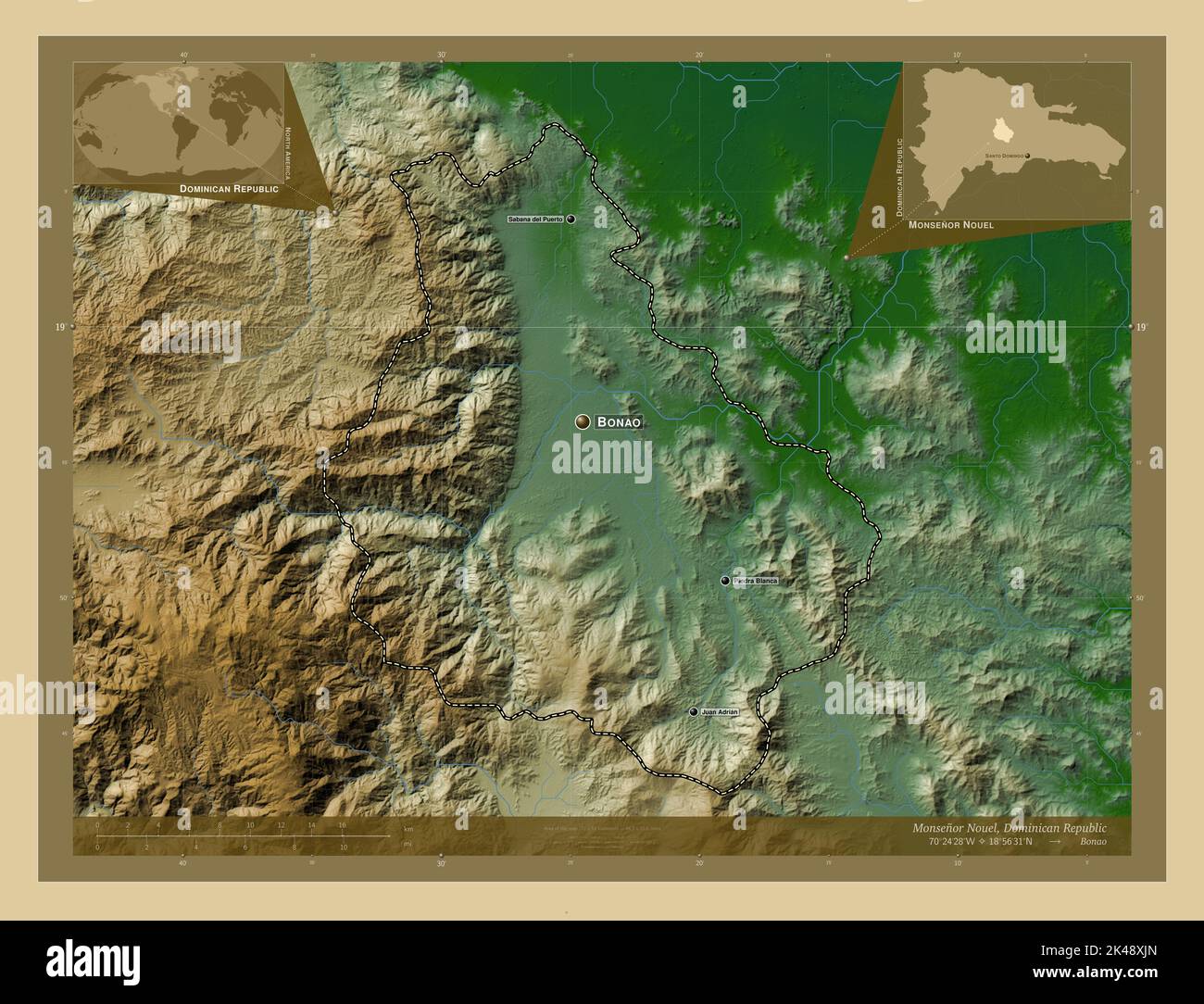 Monsenor Nouel, province of Dominican Republic. Colored elevation map ...
