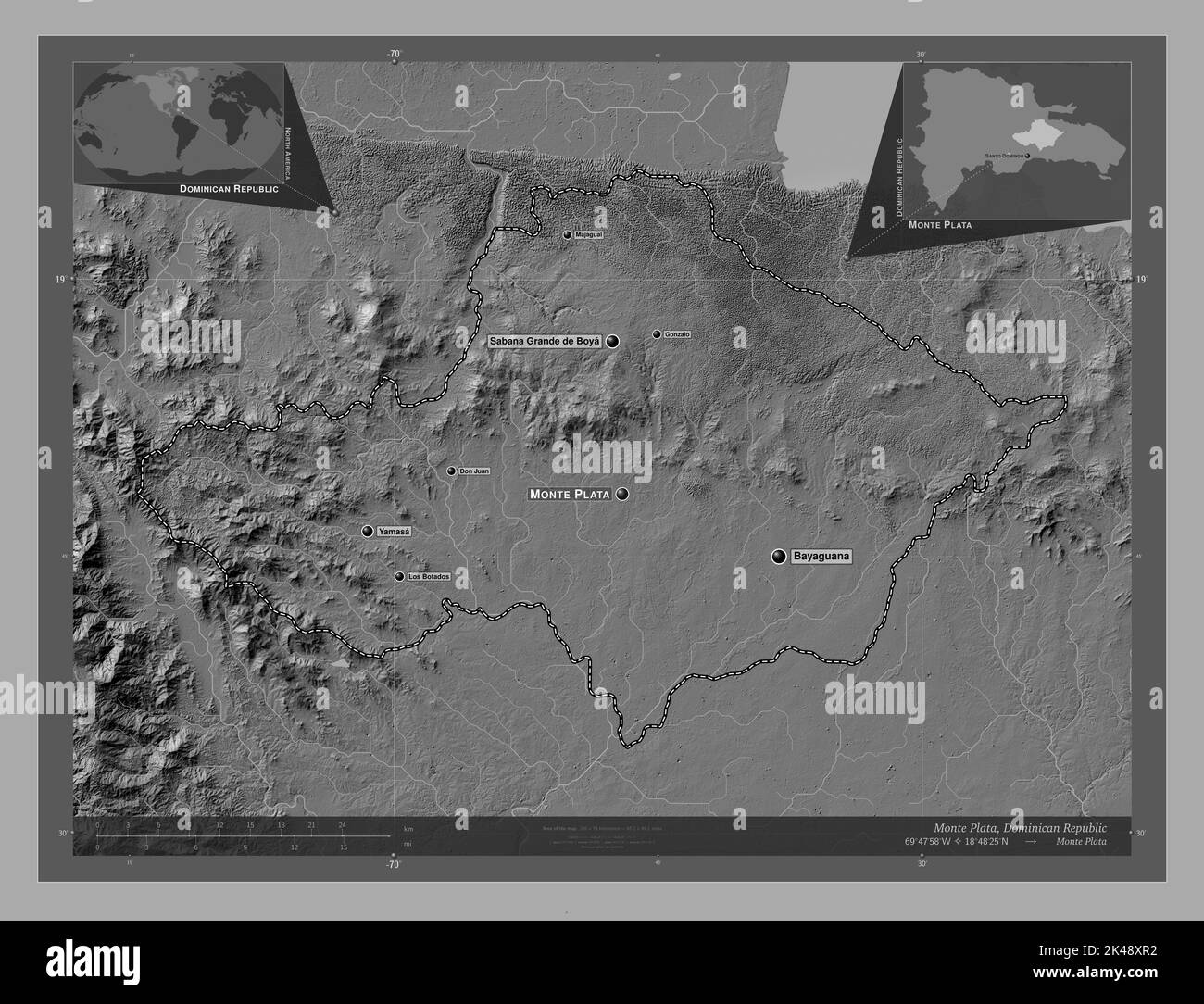 Monte Plata, province of Dominican Republic. Bilevel elevation map with ...