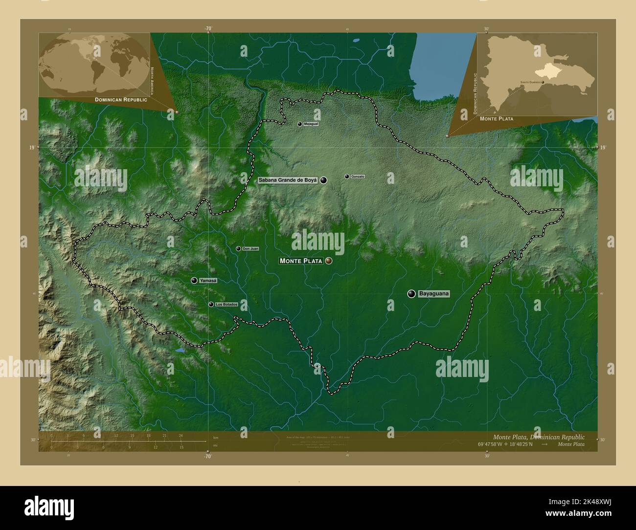 Monte Plata, province of Dominican Republic. Colored elevation map with ...