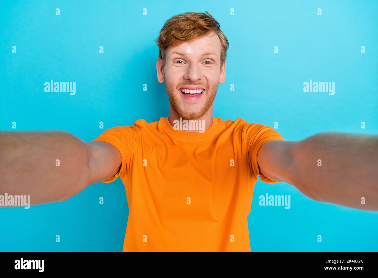 Photo of nice cute boyfriend man bright shiny smile take selfie picture ...