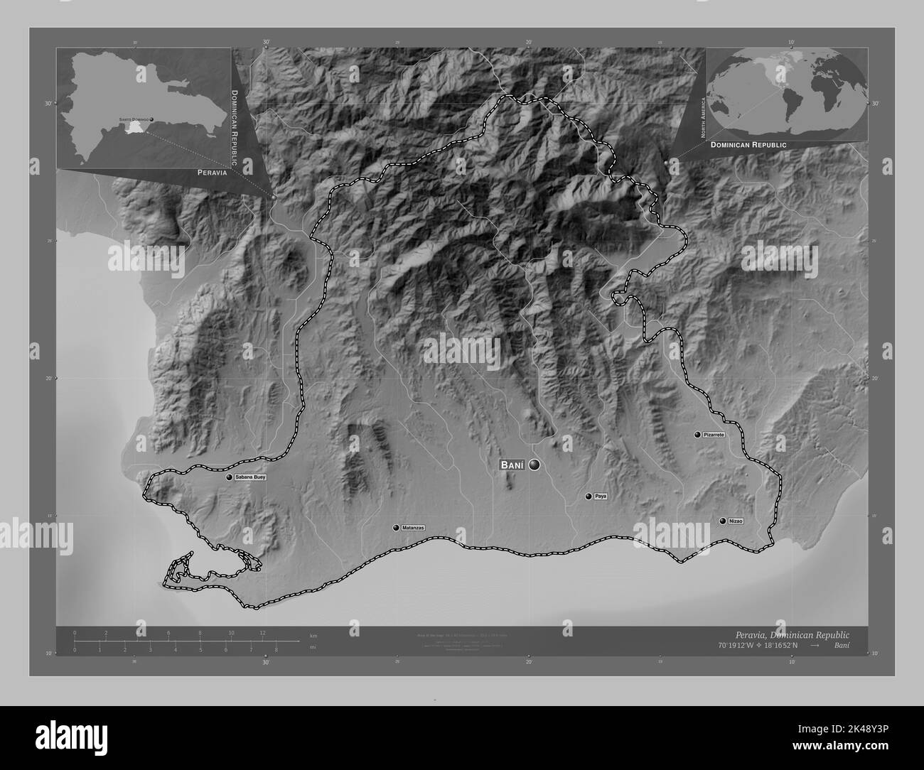 Peravia, province of Dominican Republic. Grayscale elevation map with ...