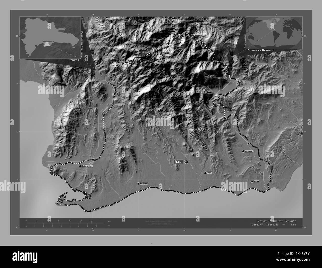 Peravia, province of Dominican Republic. Bilevel elevation map with ...