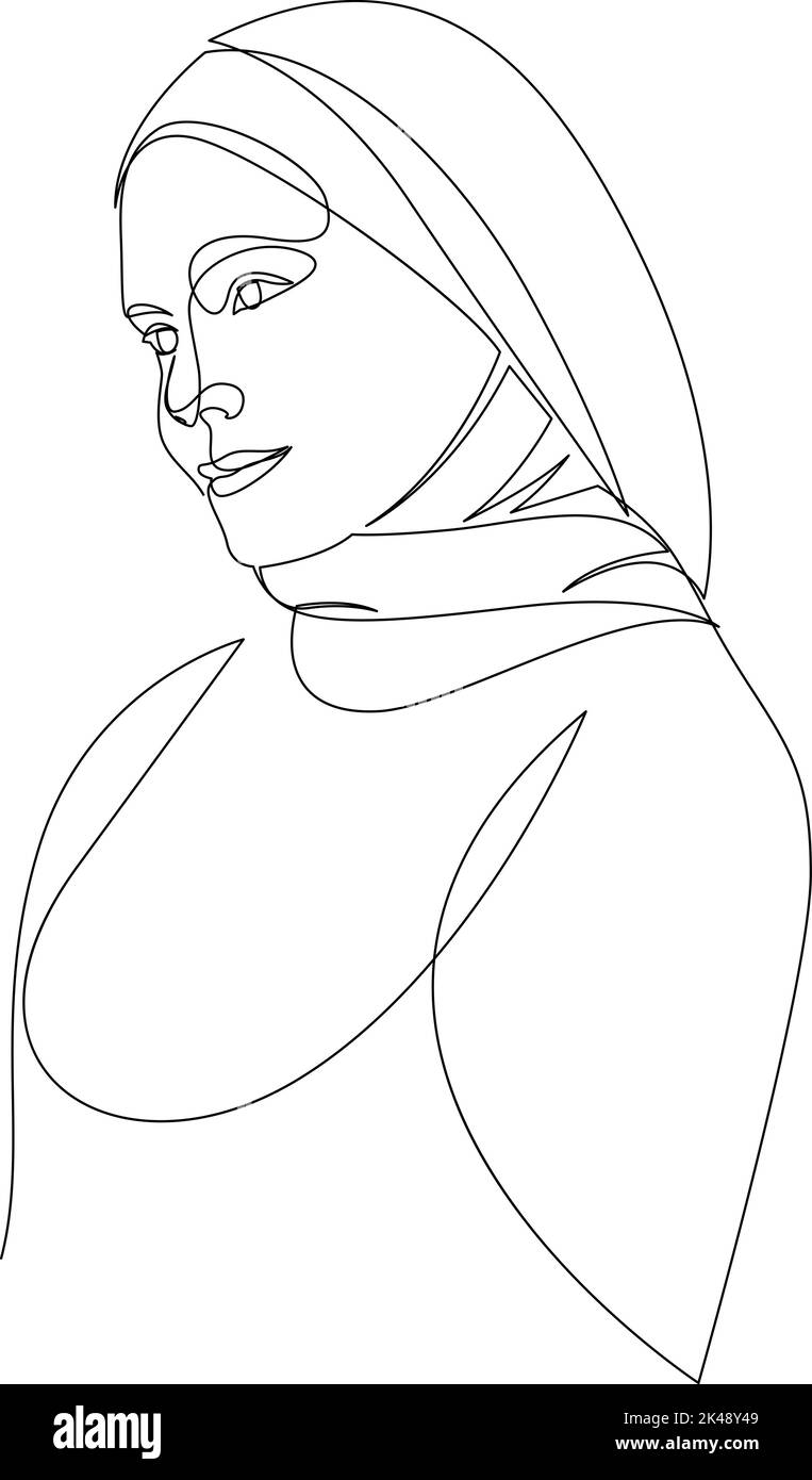 Beautiful woman in hijab continuous line drawing. Minimalist style one ...
