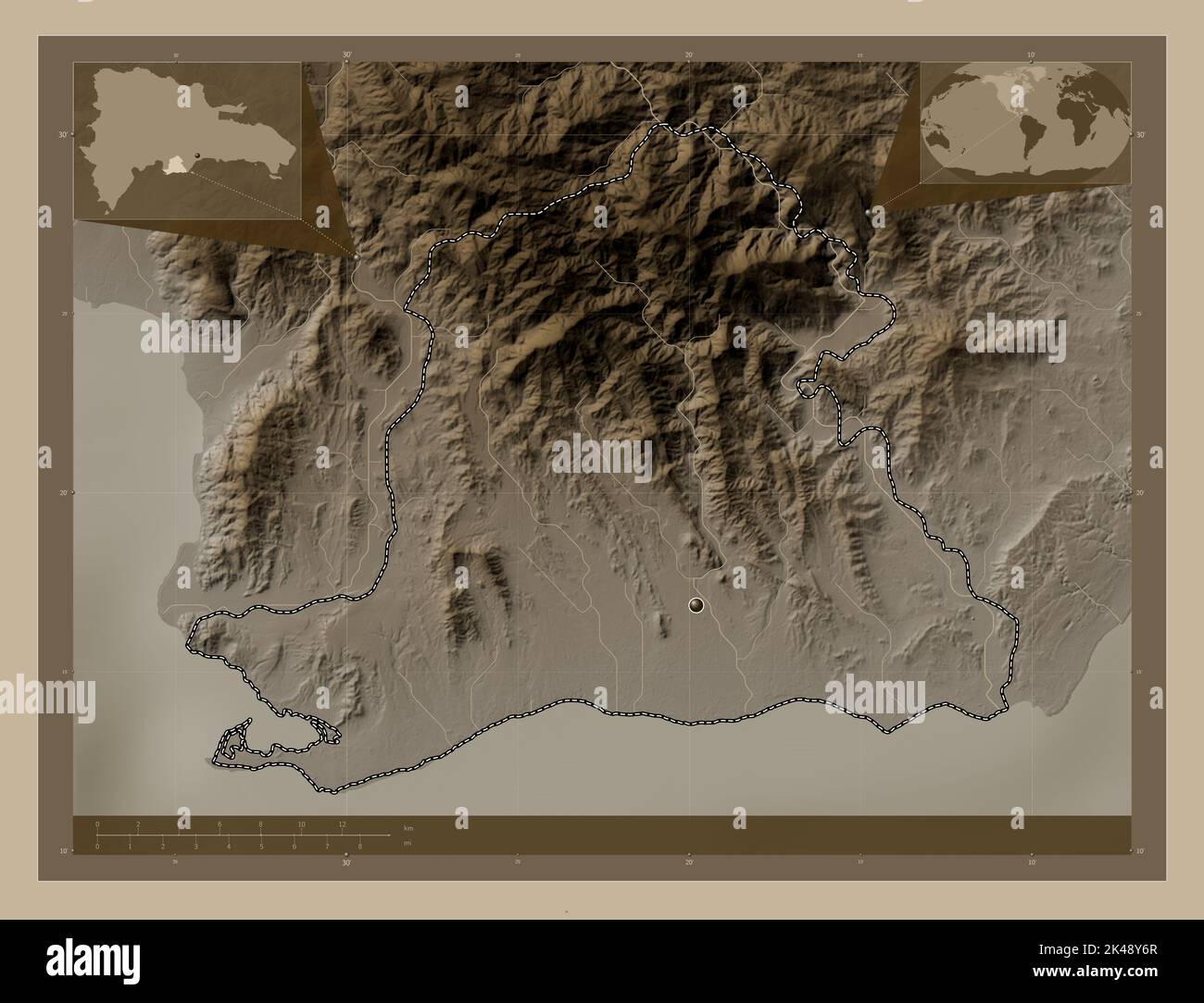Peravia, province of Dominican Republic. Elevation map colored in sepia ...