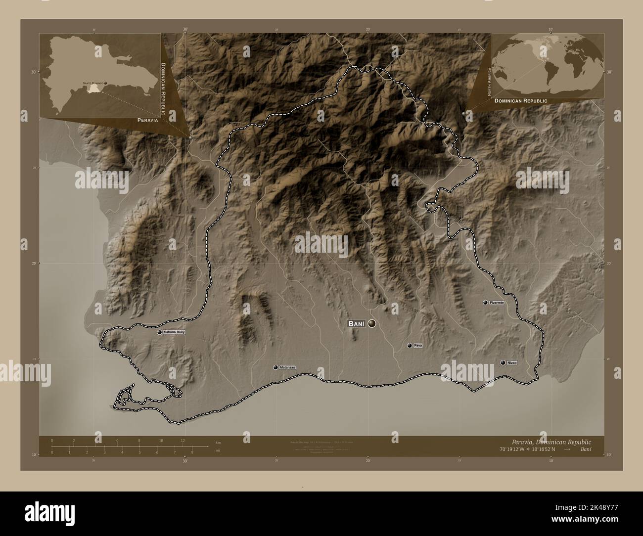 Peravia, province of Dominican Republic. Elevation map colored in sepia ...