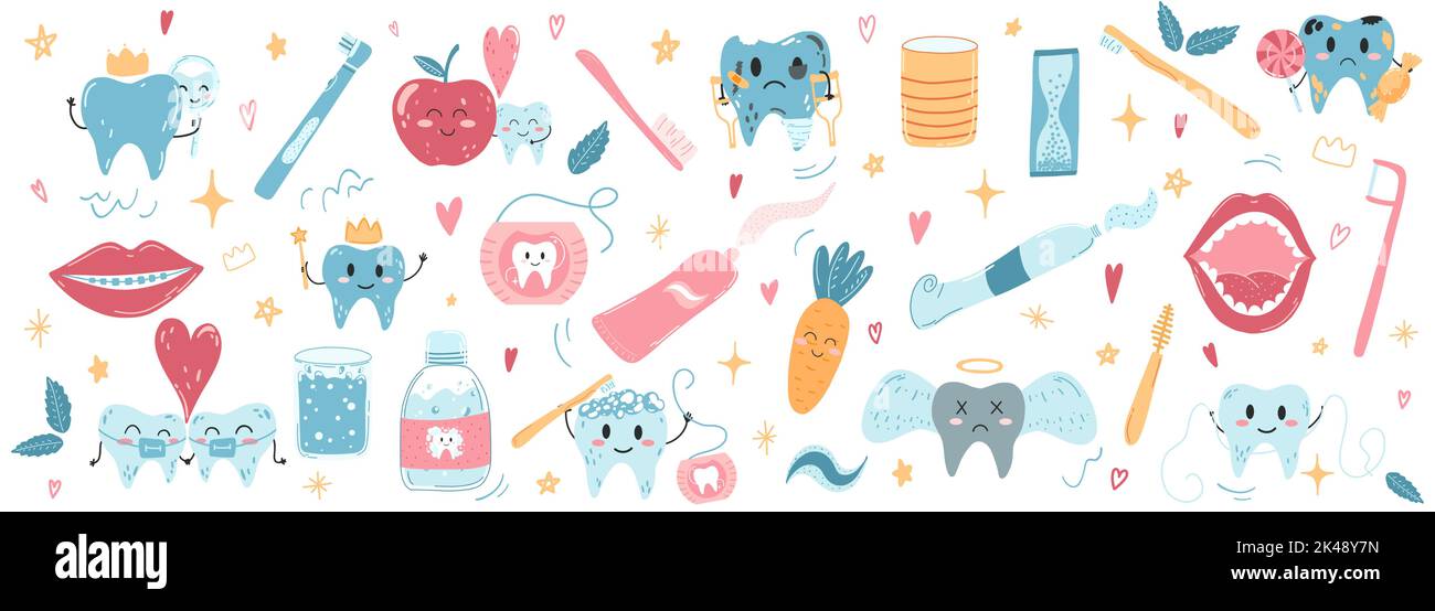 Vector set of kawaii teeth, toothbrushes, toothpaste and dental floss ...