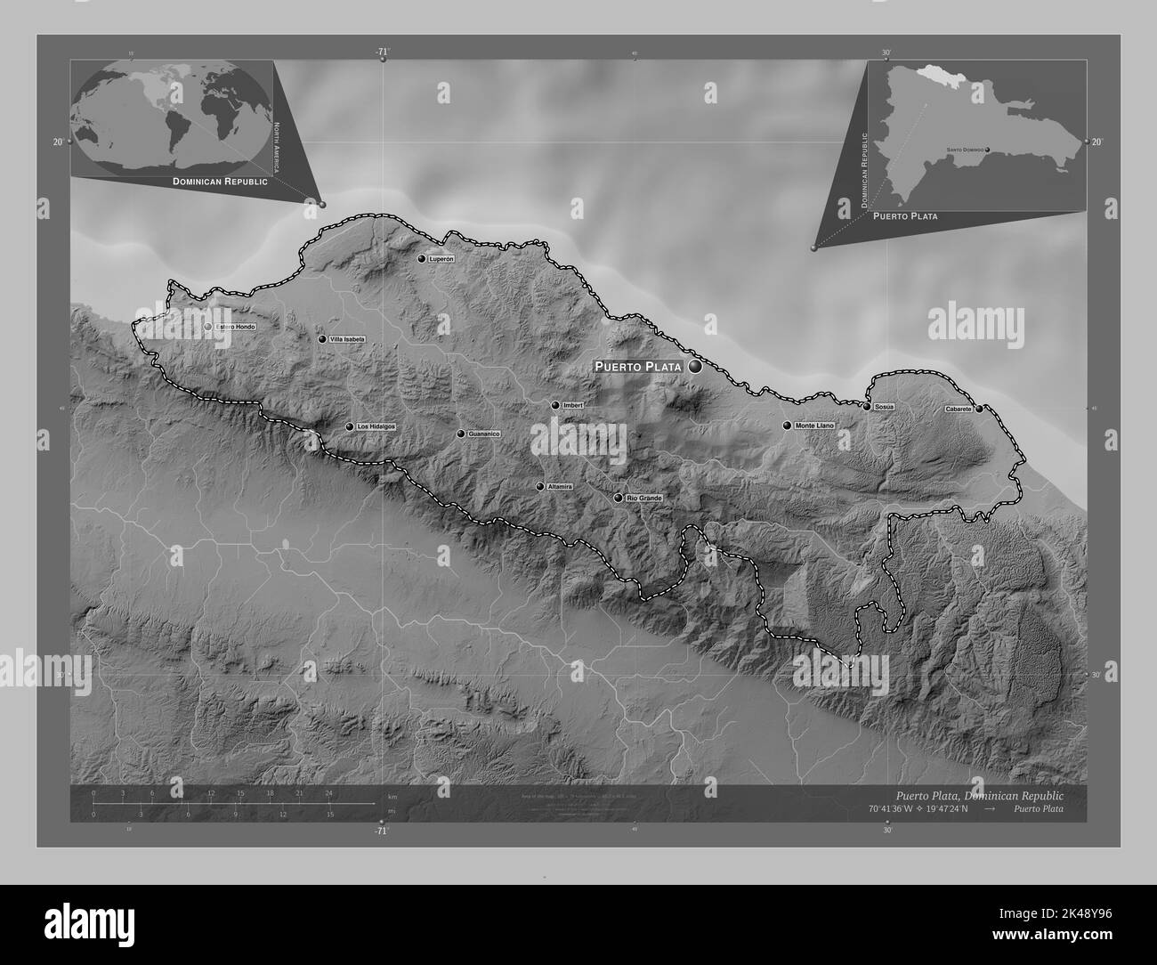 Puerto Plata, province of Dominican Republic. Grayscale elevation map ...