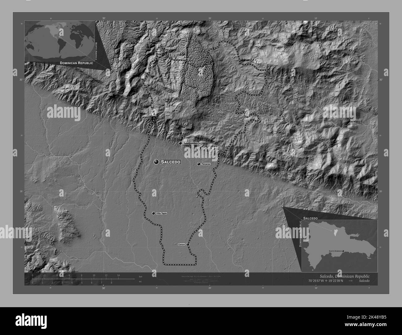 Salcedo, province of Dominican Republic. Bilevel elevation map with ...