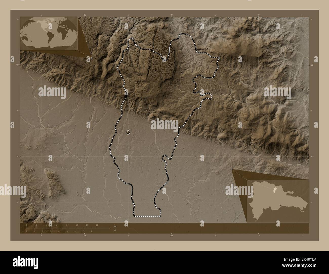 Salcedo, province of Dominican Republic. Elevation map colored in sepia ...