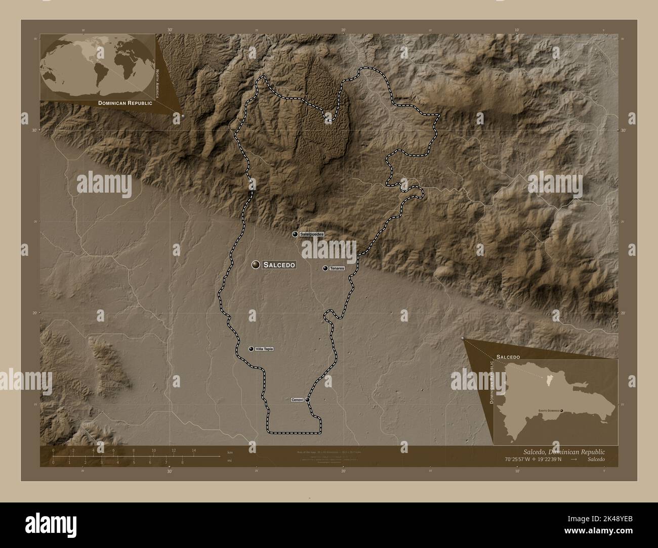 Salcedo, province of Dominican Republic. Elevation map colored in sepia ...