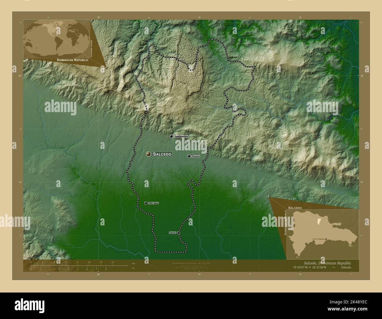 Salcedo, province of Dominican Republic. Colored elevation map with ...