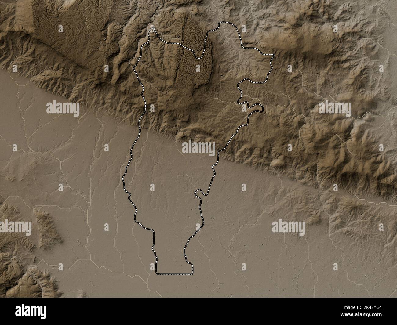Salcedo, province of Dominican Republic. Elevation map colored in sepia ...