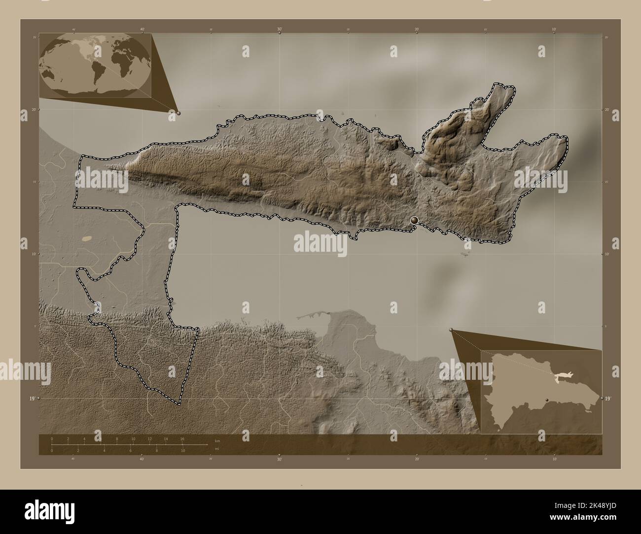 Samana, province of Dominican Republic. Elevation map colored in sepia ...