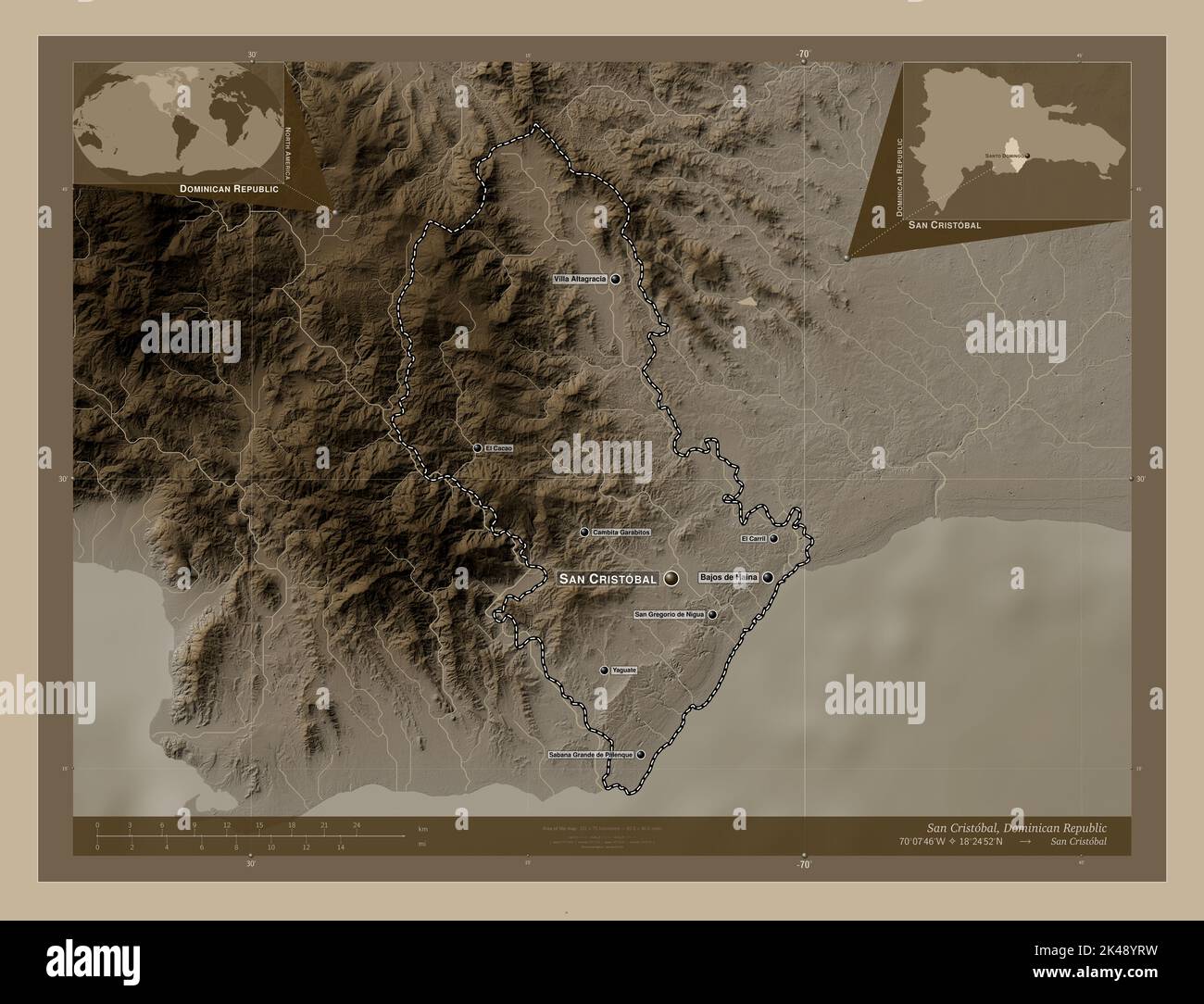 San Cristobal, province of Dominican Republic. Elevation map colored in ...